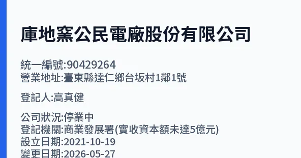 庫地窯公民電廠股份有限公司的照片-統編 90429264(臺東縣) 公司登記資料與營業項目詳細圖表
