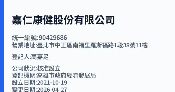 嘉仁康健股份有限公司的照片-統編 90429686(臺北市) 公司登記資料與營業項目詳細圖表