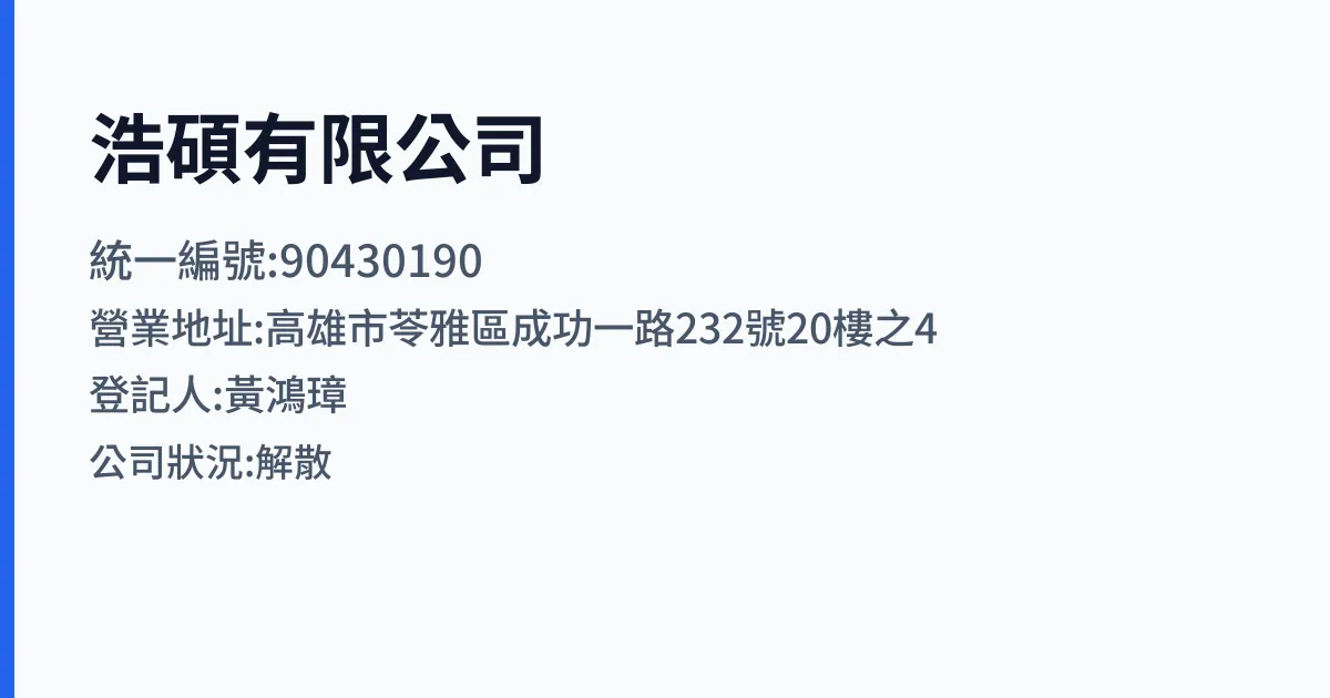 浩碩有限公司 - 統編 90430190(高雄市) 公司登記資料與營業項目詳細圖表