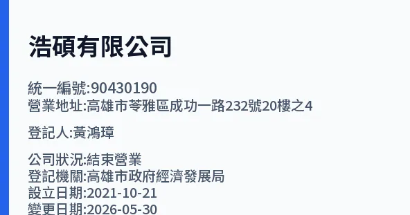 浩碩有限公司的照片-統編 90430190(高雄市) 公司登記資料與營業項目詳細圖表