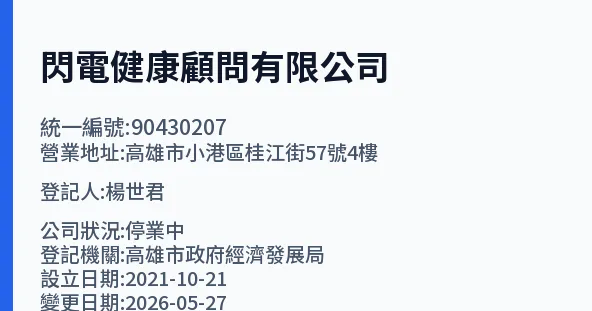 閃電健康顧問有限公司的照片-統編 90430207(高雄市) 公司登記資料與營業項目詳細圖表