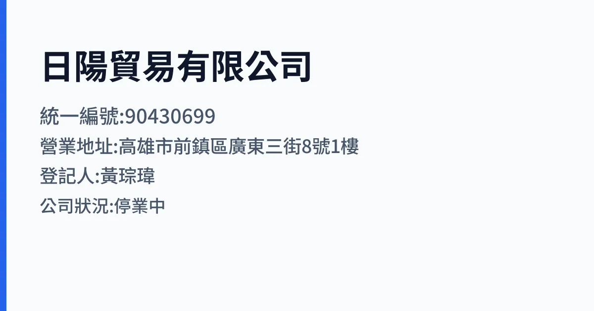 日陽貿易有限公司 - 統編 90430699(高雄市) 公司登記資料與營業項目詳細圖表