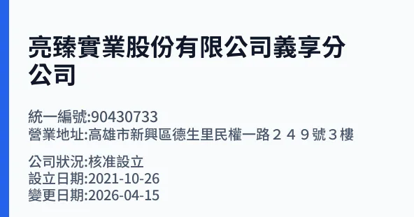 亮臻實業股份有限公司義享分公司的照片-統編 90430733(高雄市) 公司登記資料與營業項目詳細圖表
