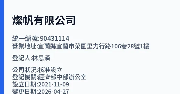 燦帆有限公司的照片-統編 90431114(宜蘭縣) 公司登記資料與營業項目詳細圖表