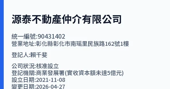 源泰不動產仲介有限公司的照片-統編 90431402(彰化縣) 公司登記資料與營業項目詳細圖表