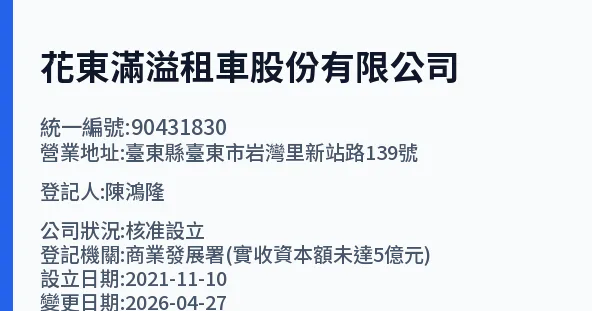 花東滿溢租車股份有限公司的照片-統編 90431830(臺東縣) 公司登記資料與營業項目詳細圖表