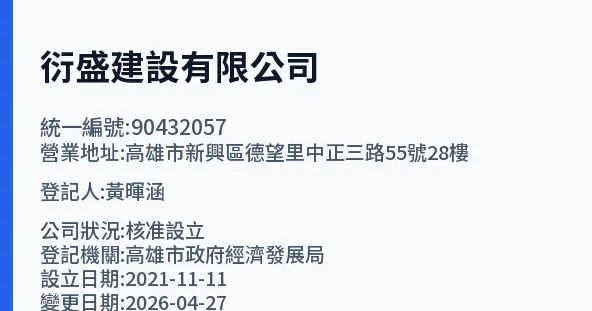 衍盛建設有限公司的照片-統編 90432057(高雄市) 公司登記資料與營業項目詳細圖表