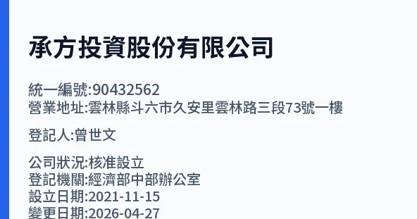 承方投資股份有限公司的照片-統編 90432562(雲林縣) 公司登記資料與營業項目詳細圖表
