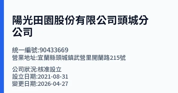 陽光田園股份有限公司頭城分公司的照片-統編 90433669(宜蘭縣) 公司登記資料與營業項目詳細圖表