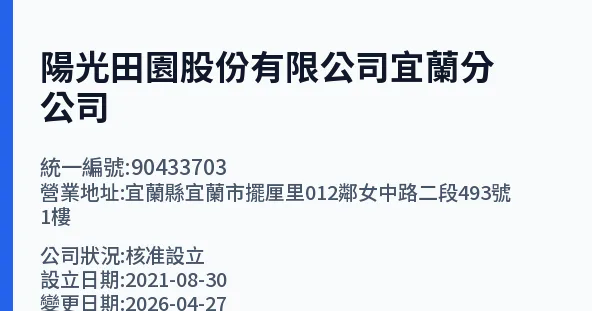 陽光田園股份有限公司宜蘭分公司的照片-統編 90433703(宜蘭縣) 公司登記資料與營業項目詳細圖表