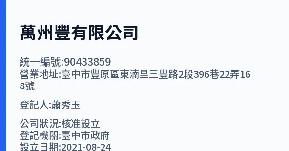萬州豐有限公司的照片-統編 90433859(臺中市) 公司登記資料與營業項目詳細圖表