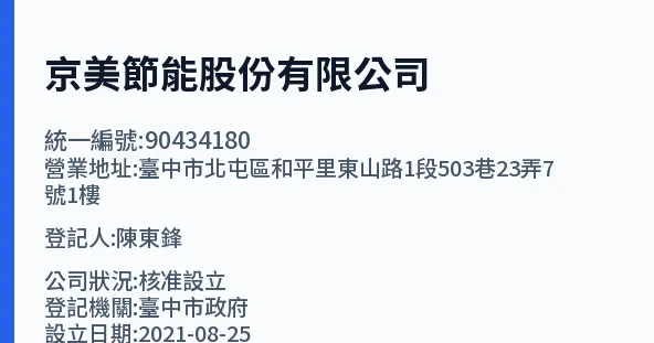京美節能股份有限公司的照片-統編 90434180(臺中市) 公司登記資料與營業項目詳細圖表