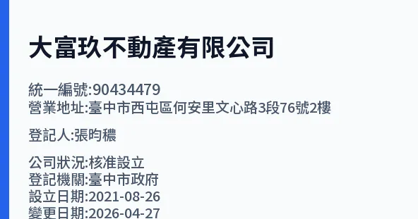 大富玖不動產有限公司的照片-統編 90434479(臺中市) 公司登記資料與營業項目詳細圖表