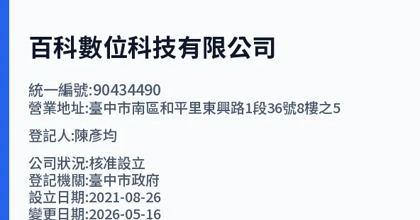 百科數位科技有限公司的照片-統編 90434490(臺中市) 公司登記資料與營業項目詳細圖表