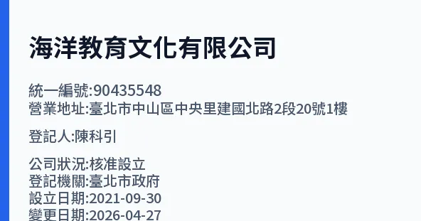 海洋教育文化有限公司的照片-統編 90435548(臺北市) 公司登記資料與營業項目詳細圖表