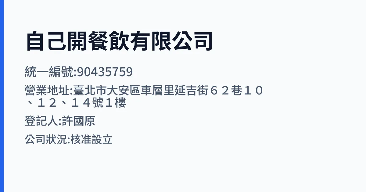 自己開餐飲有限公司 - 統編 90435759(臺北市) 公司登記資料與營業項目詳細圖表