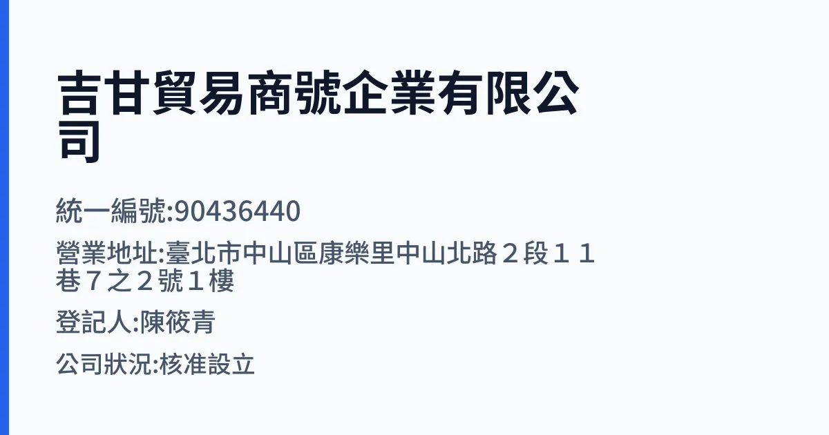 吉甘貿易商號企業有限公司 - 統編 90436440(臺北市) 公司登記資料與營業項目詳細圖表