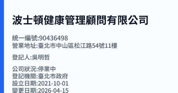 波士頓健康管理顧問有限公司的照片-統編 90436498(臺北市) 公司登記資料與營業項目詳細圖表