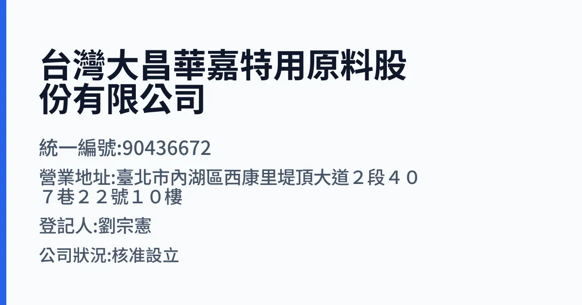 台灣大昌華嘉特用原料股份有限公司 - 統編 90436672(臺北市) 公司登記資料與營業項目詳細圖表