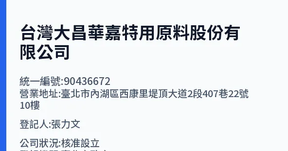 台灣大昌華嘉特用原料股份有限公司的照片-統編 90436672(臺北市) 公司登記資料與營業項目詳細圖表