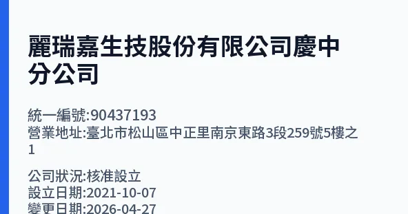 麗瑞嘉生技股份有限公司慶中分公司的照片-統編 90437193(臺北市) 公司登記資料與營業項目詳細圖表