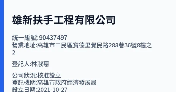 雄新扶手工程有限公司的照片-統編 90437497(高雄市) 公司登記資料與營業項目詳細圖表