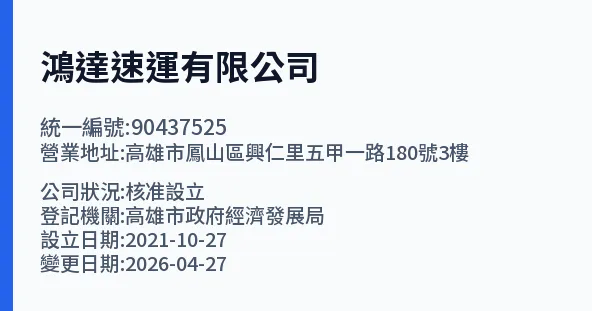 鴻達速運有限公司的照片-統編 90437525(高雄市) 公司登記資料與營業項目詳細圖表