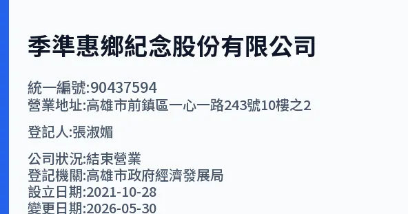 季準惠鄉紀念股份有限公司的照片-統編 90437594(高雄市) 公司登記資料與營業項目詳細圖表
