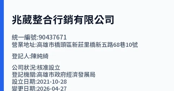 兆葳整合行銷有限公司的照片-統編 90437671(高雄市) 公司登記資料與營業項目詳細圖表
