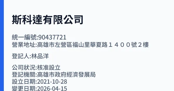 斯科達有限公司的照片-統編 90437721(高雄市) 公司登記資料與營業項目詳細圖表
