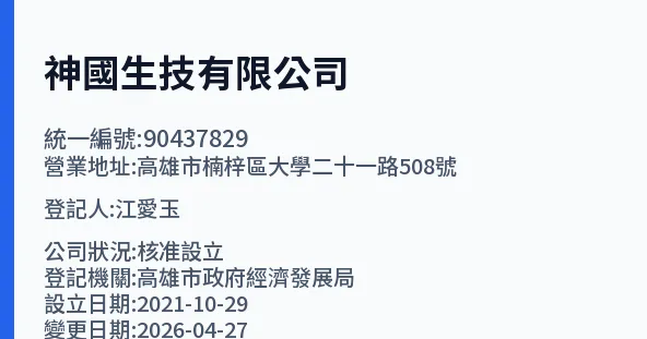 神國生技有限公司的照片-統編 90437829(高雄市) 公司登記資料與營業項目詳細圖表