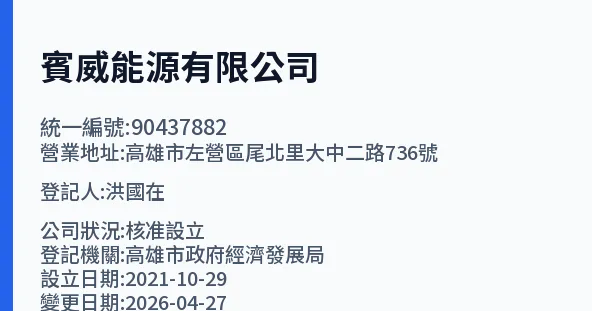 賓威能源有限公司的照片-統編 90437882(高雄市) 公司登記資料與營業項目詳細圖表