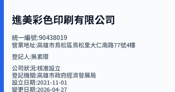 進美彩色印刷有限公司的照片-統編 90438019(高雄市) 公司登記資料與營業項目詳細圖表
