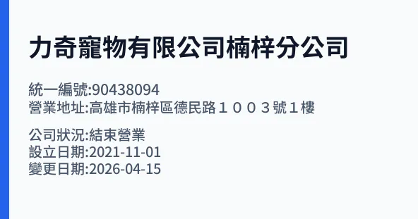 力奇寵物有限公司楠梓分公司的照片-統編 90438094(高雄市) 公司登記資料與營業項目詳細圖表