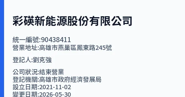 彩碤新能源股份有限公司的照片-統編 90438411(高雄市) 公司登記資料與營業項目詳細圖表