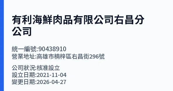 有利海鮮肉品有限公司右昌分公司的照片-統編 90438910(高雄市) 公司登記資料與營業項目詳細圖表