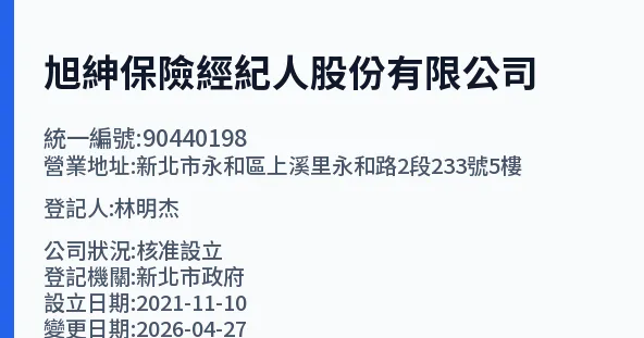 旭紳保險經紀人股份有限公司的照片-統編 90440198(新北市) 公司登記資料與營業項目詳細圖表