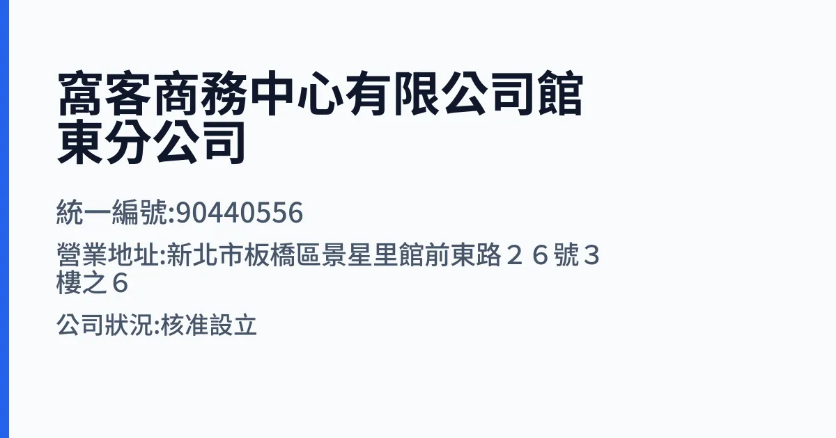 窩客商務中心有限公司館東分公司 - 統編 90440556(新北市) 公司登記資料與營業項目詳細圖表