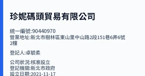珍妮碼頭貿易有限公司的照片-統編 90440970(新北市) 公司登記資料與營業項目詳細圖表