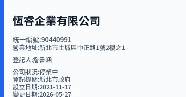 恆睿企業有限公司的照片-統編 90440991(新北市) 公司登記資料與營業項目詳細圖表