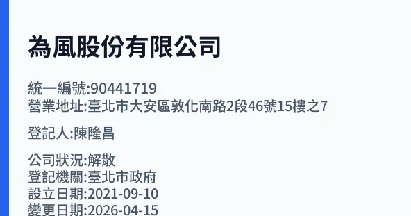 為風股份有限公司的照片-統編 90441719(臺北市) 公司登記資料與營業項目詳細圖表