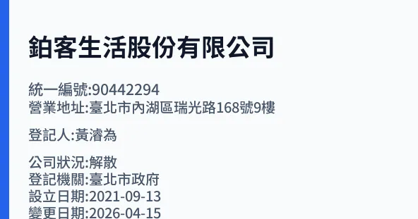 鉑客生活股份有限公司的照片-統編 90442294(臺北市) 公司登記資料與營業項目詳細圖表