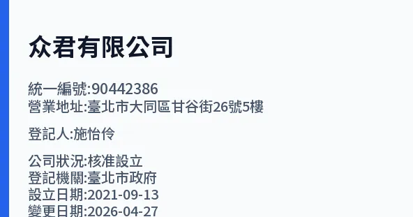 众君有限公司的照片-統編 90442386(臺北市) 公司登記資料與營業項目詳細圖表