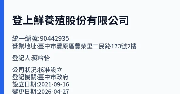 登上鮮養殖股份有限公司的照片-統編 90442935(臺中市) 公司登記資料與營業項目詳細圖表