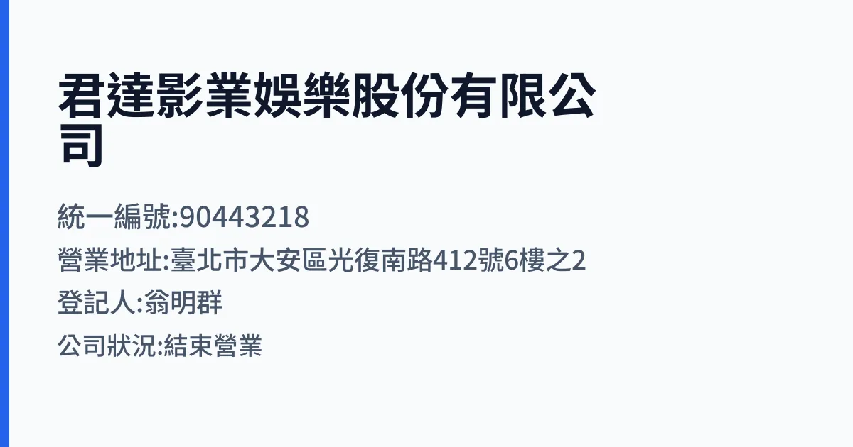 君達影業娛樂股份有限公司 - 統編 90443218(臺北市) 公司登記資料與營業項目詳細圖表