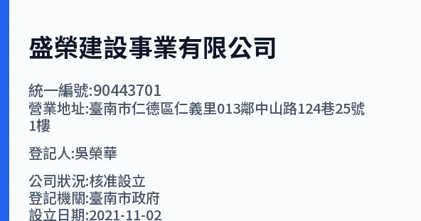 盛榮建設事業有限公司的照片-統編 90443701(臺南市) 公司登記資料與營業項目詳細圖表
