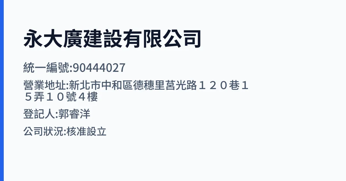 永大廣建設有限公司 - 統編 90444027(新北市) 公司登記資料與營業項目詳細圖表