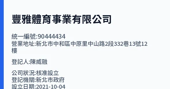 豐雅體育事業有限公司的照片-統編 90444434(新北市) 公司登記資料與營業項目詳細圖表