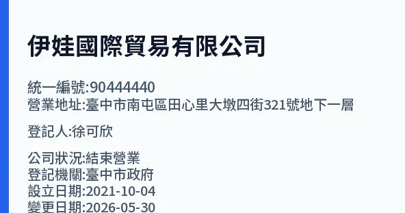 伊娃國際貿易有限公司的照片-統編 90444440(臺中市) 公司登記資料與營業項目詳細圖表