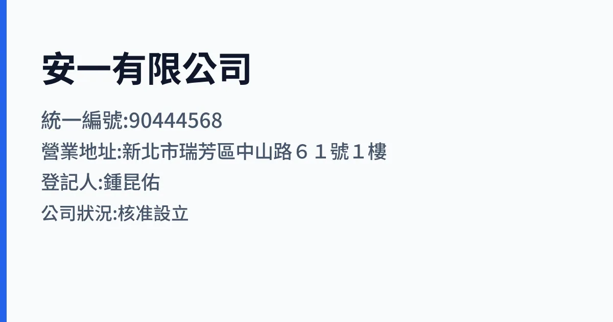 安一有限公司 - 統編 90444568(新北市) 公司登記資料與營業項目詳細圖表